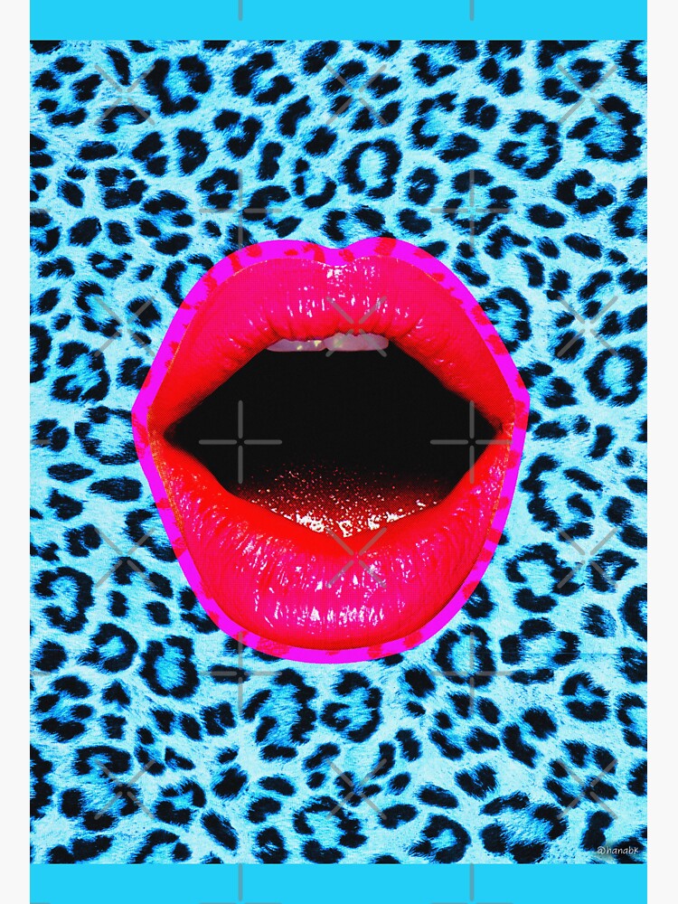 "Pink Lips on Blue Leopard Print Collage Art" Sticker by hanabk | Redbubble