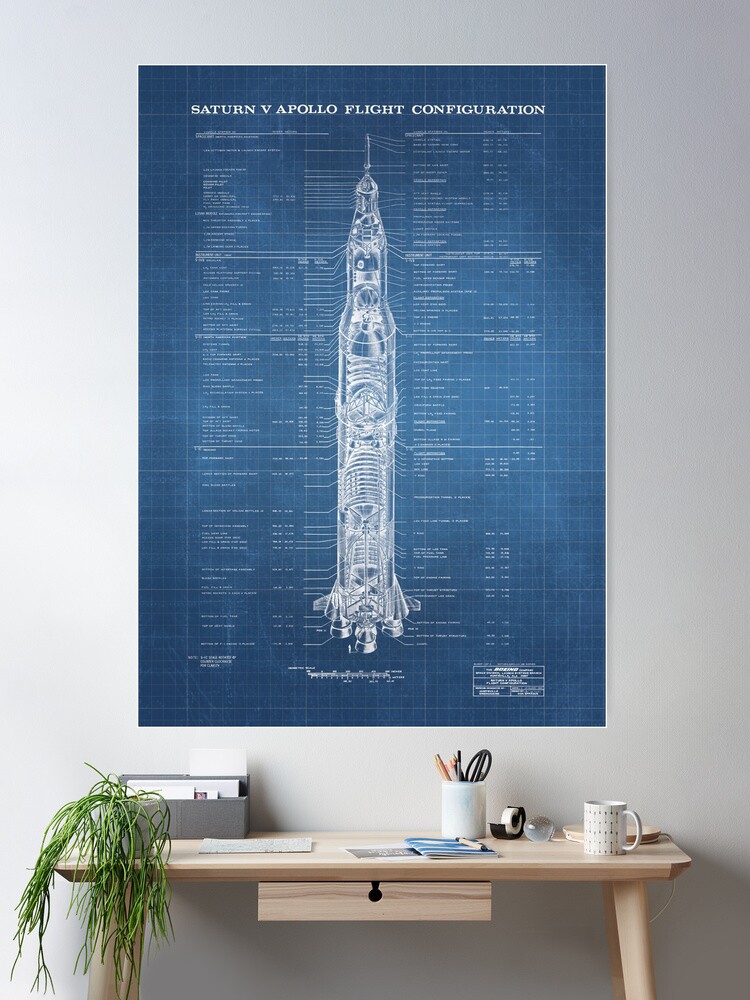"Apollo Saturn V Blueprint in High Resolution (light blue)" Poster for ...