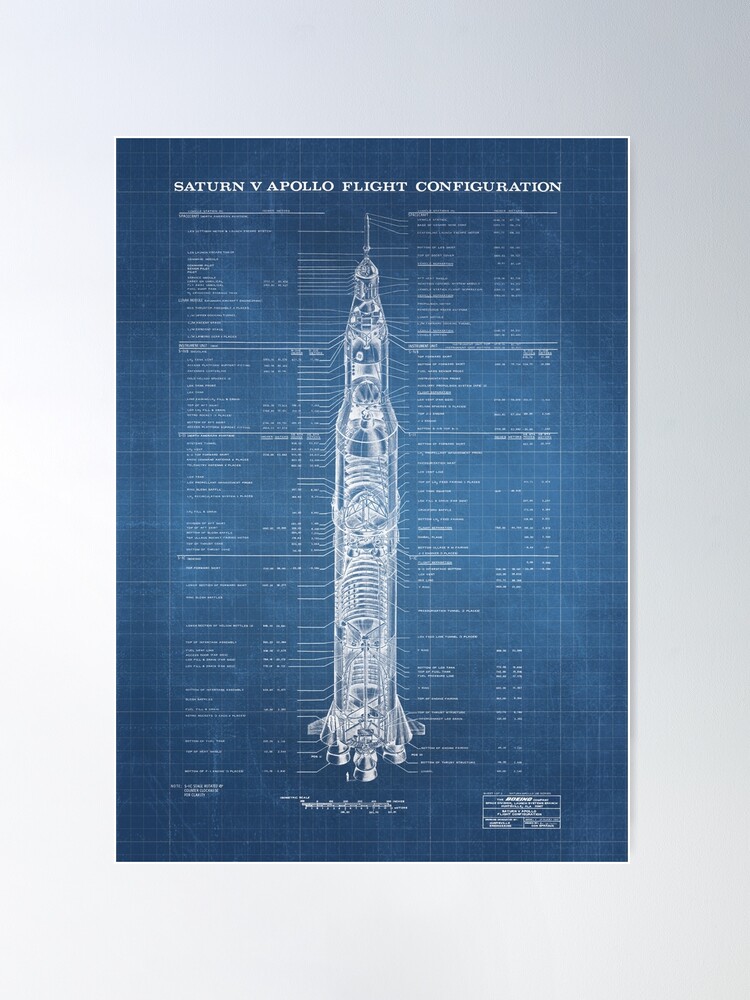 "Apollo Saturn V Blueprint in High Resolution (light blue)" Poster for ...