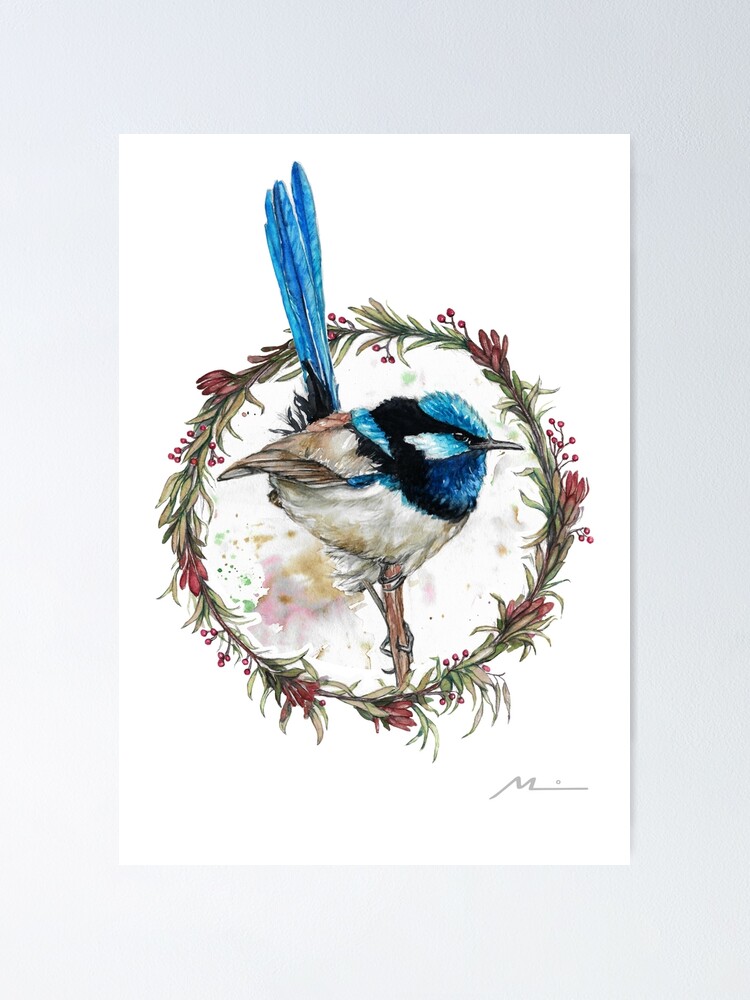 "Watercolour Fairy Wren Art With Flowering Wreath" Poster by ...