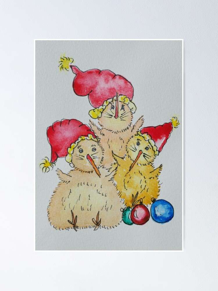 " NZ Kiwi Christmas. Three Kiwi birds in Xmas Santa hats." Poster for ...