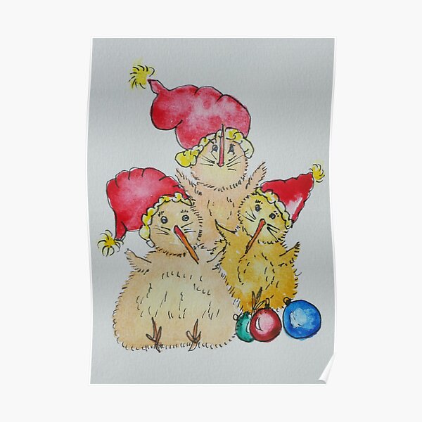 " NZ Kiwi Christmas. Three Kiwi birds in Xmas Santa hats." Poster for ...