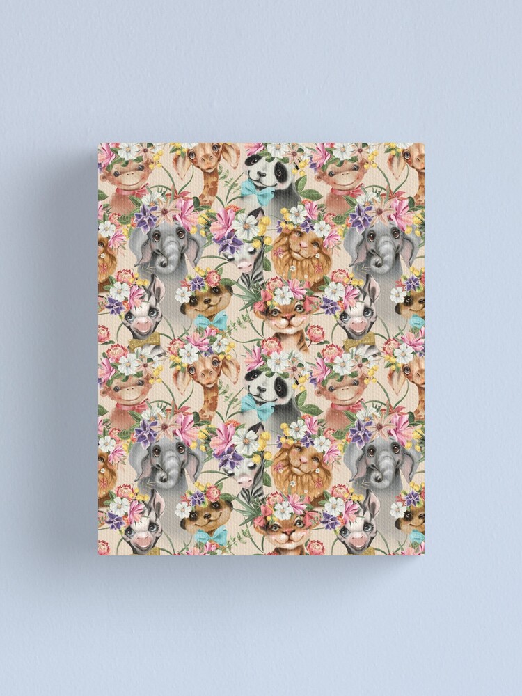 Lienzo «Animales salvajes con coronas de flores, patrón de acuarela de ...