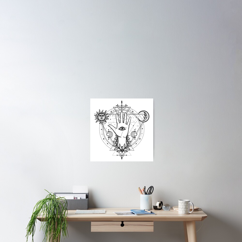 "Mystical drawing: divine hand, all-seeing eye, circle of a phase of ...