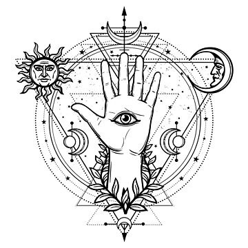 "Mystical drawing: divine hand, all-seeing eye, circle of a phase of ...