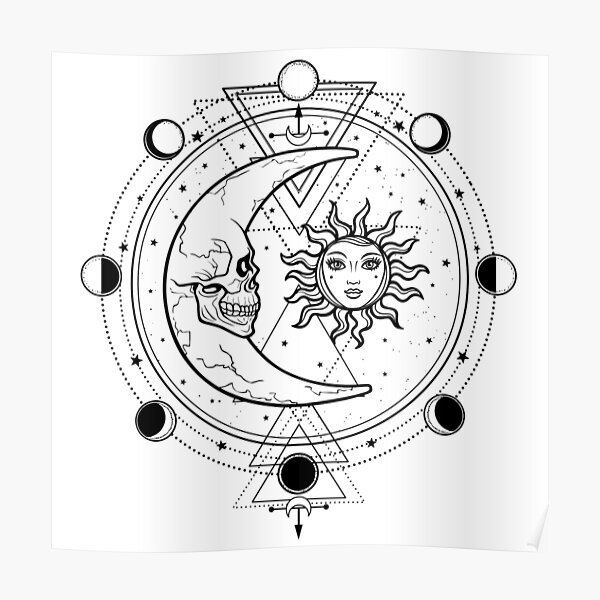 "Mystical drawing: sun and moon with human faces, circle of a phase of ...