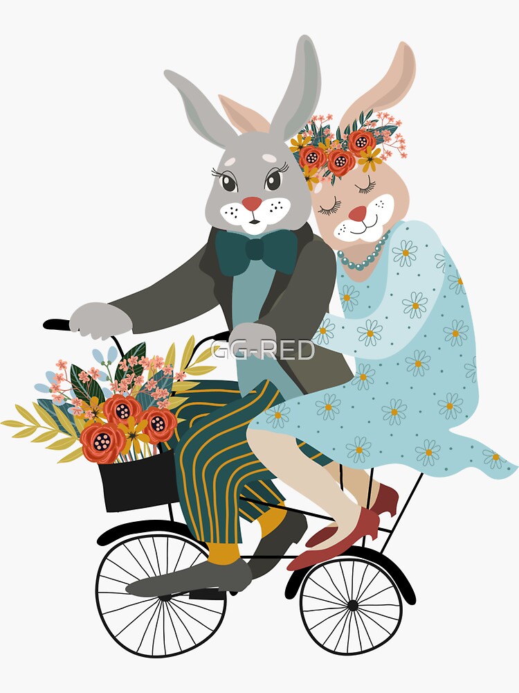 "Bunny Riding Bike, Rabbit Couple Rides Bicycle " Sticker for Sale by ...