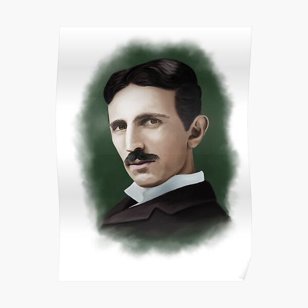 "Nikola Tesla Color Digital Art Portrait with Brown Eye Color" Poster ...