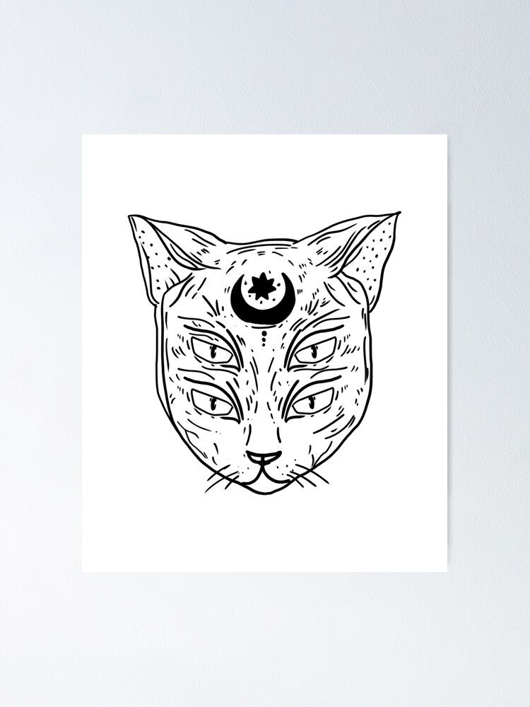 "Occult Cat with 4 Eyes, Moon & Stars Gothic Style" Poster by Mesyo ...