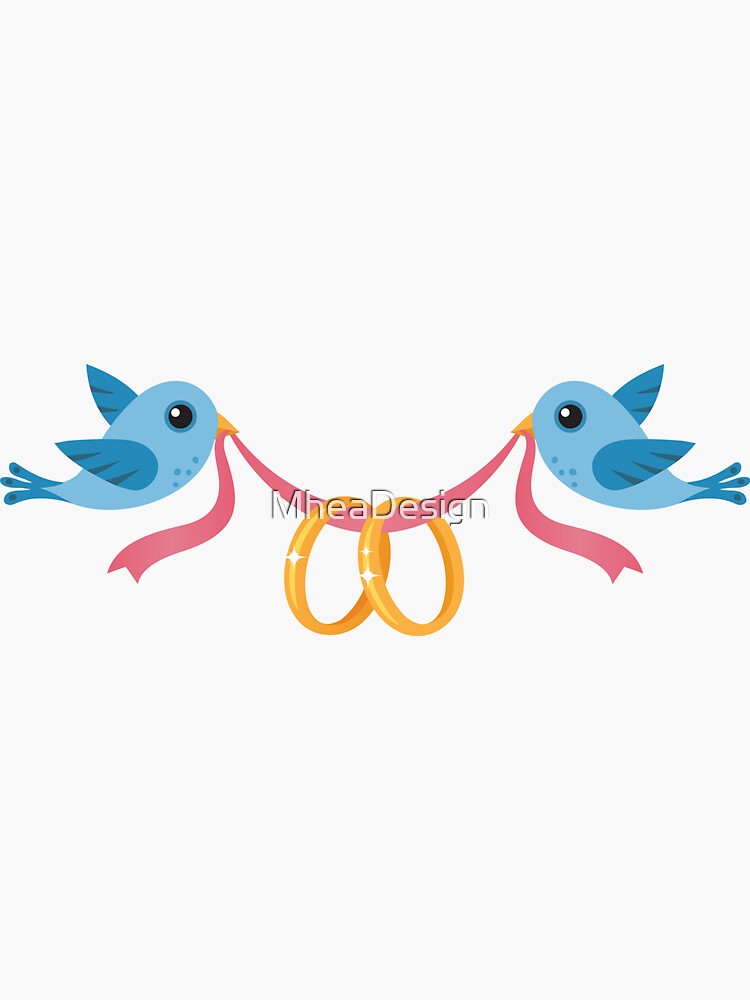 "Blue birds with wedding engagement rings on a pink ribbon" Sticker for ...