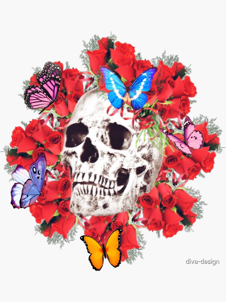 "skull flower with butterfly" Sticker by diva-design | Redbubble