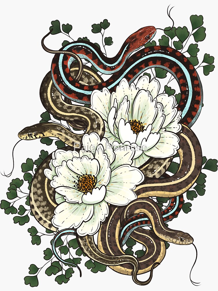 "Garter Snakes with White Peonies" Sticker for Sale by starrypaige ...
