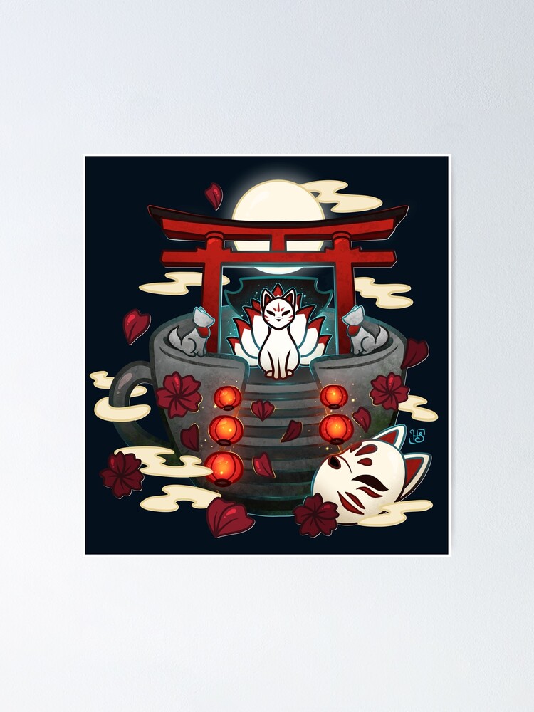 "Moonlit Kitsune Shrine Teacup" Poster for Sale by heysoleilart | Redbubble