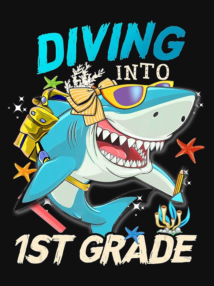 "Diving Into 1st Grade Shark Backpack Back To School Kid" T-shirt for ...
