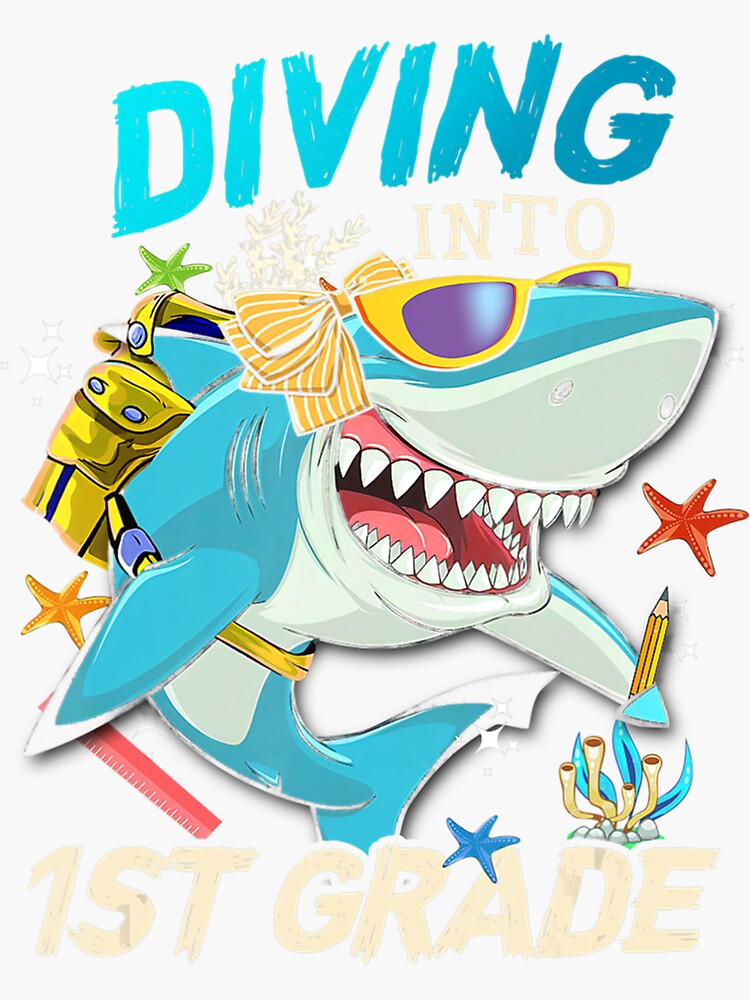 "Diving Into 1st Grade Shark Backpack Back To School Kid" Sticker for ...