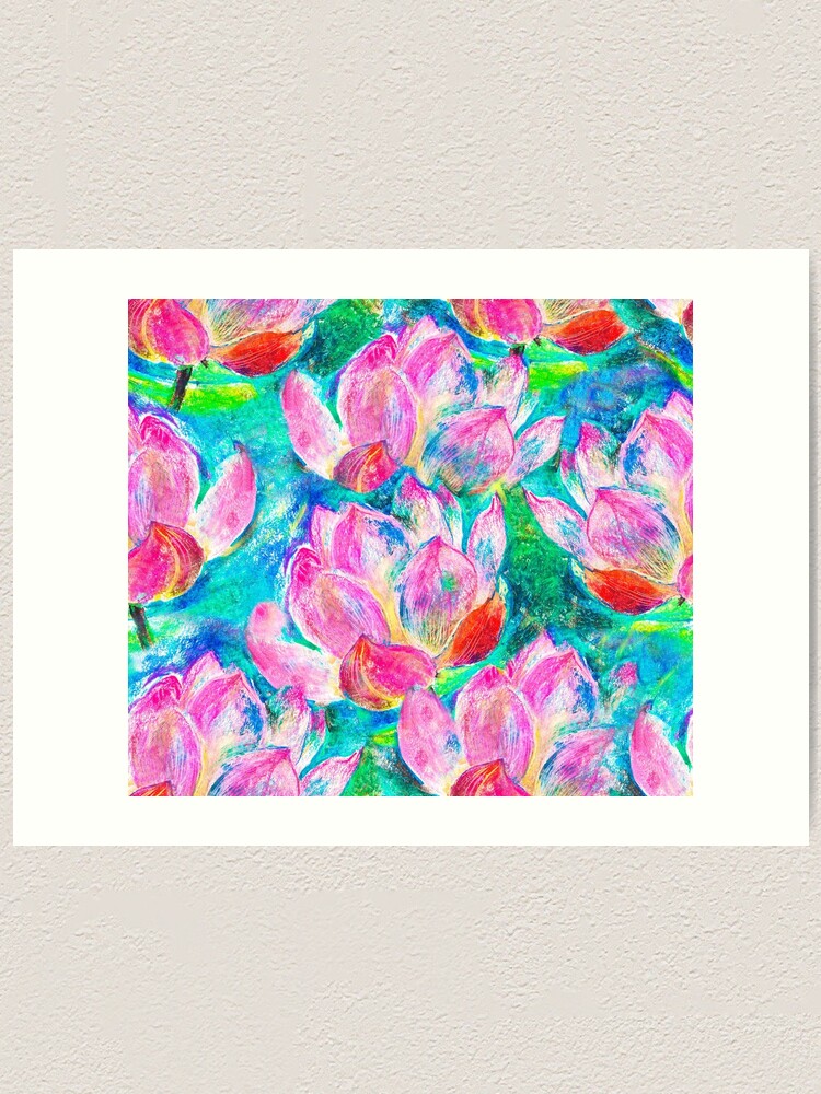 Lámina artística «Loto rosa transparente, lirio en agua verde, azul. Un ...