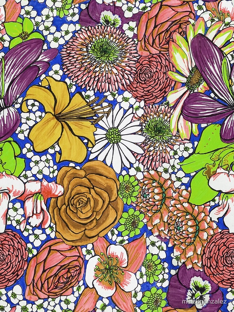 "pattern with yellow, purple, orange flowers and blue background ...