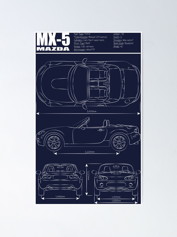 "Miata Blueprint NC White" Poster for Sale by Vonarp | Redbubble