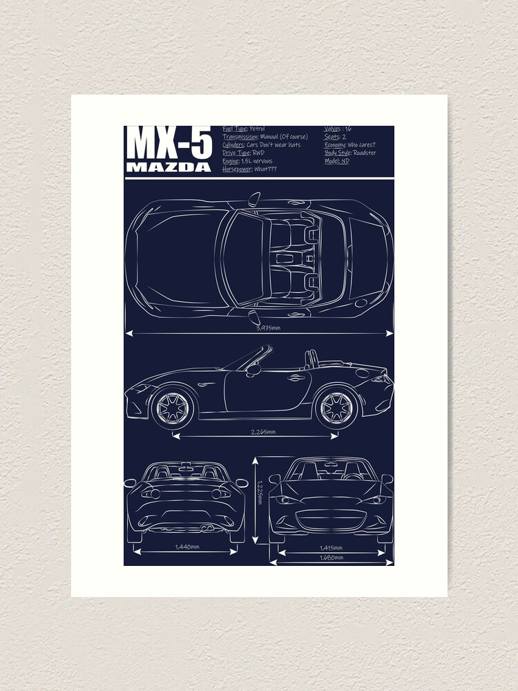 "Miata Blueprint ND White" Art Print by Vonarp | Redbubble