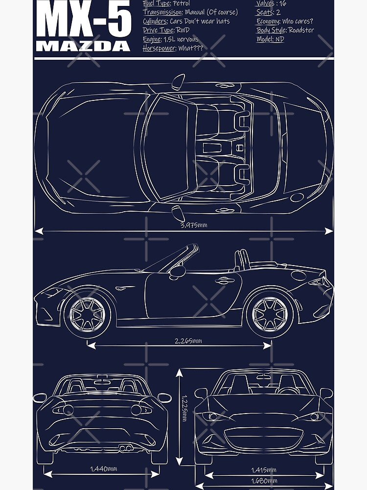 "Miata Blueprint ND White" Art Print by Vonarp | Redbubble