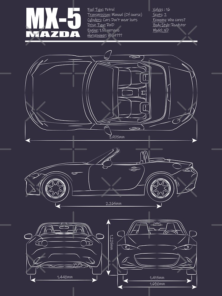 "Miata Blueprint ND White" T-shirt for Sale by Vonarp | Redbubble ...
