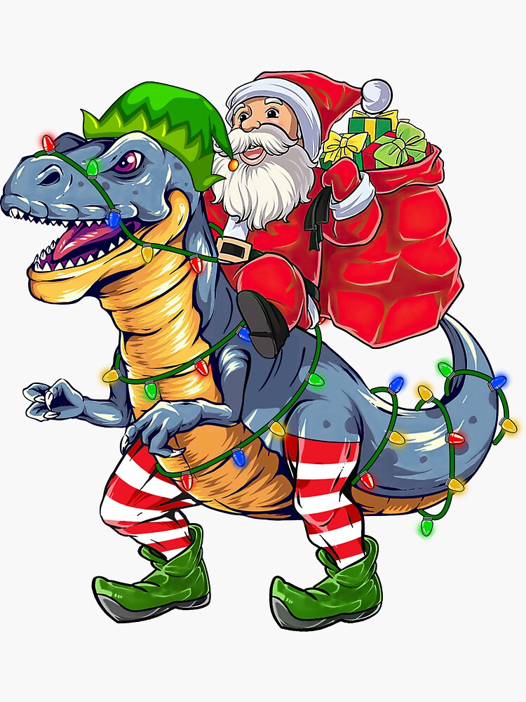 "Funny Santa Riding Dinosaur T Rex Elf Costume Xmas Light" Sticker for ...
