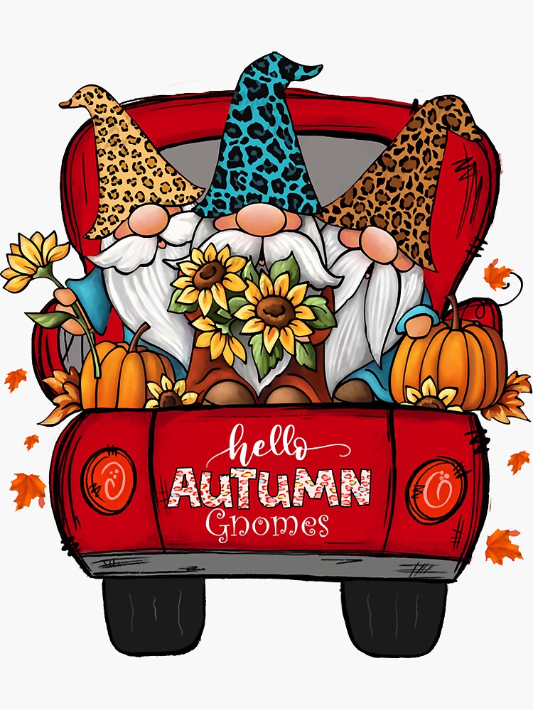 "Hello Autumn Truck Gnomes Pumpkin Fall Leaves Thanksgiving" Sticker ...