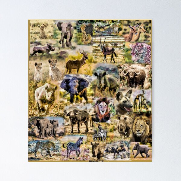 "African Wildlife Collage in Impressionist Style Artwork" Poster for ...