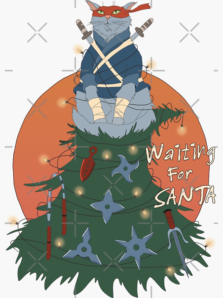 Pegatina «Gato ninja gris azul sentado en un árbol de Navidad» de ...