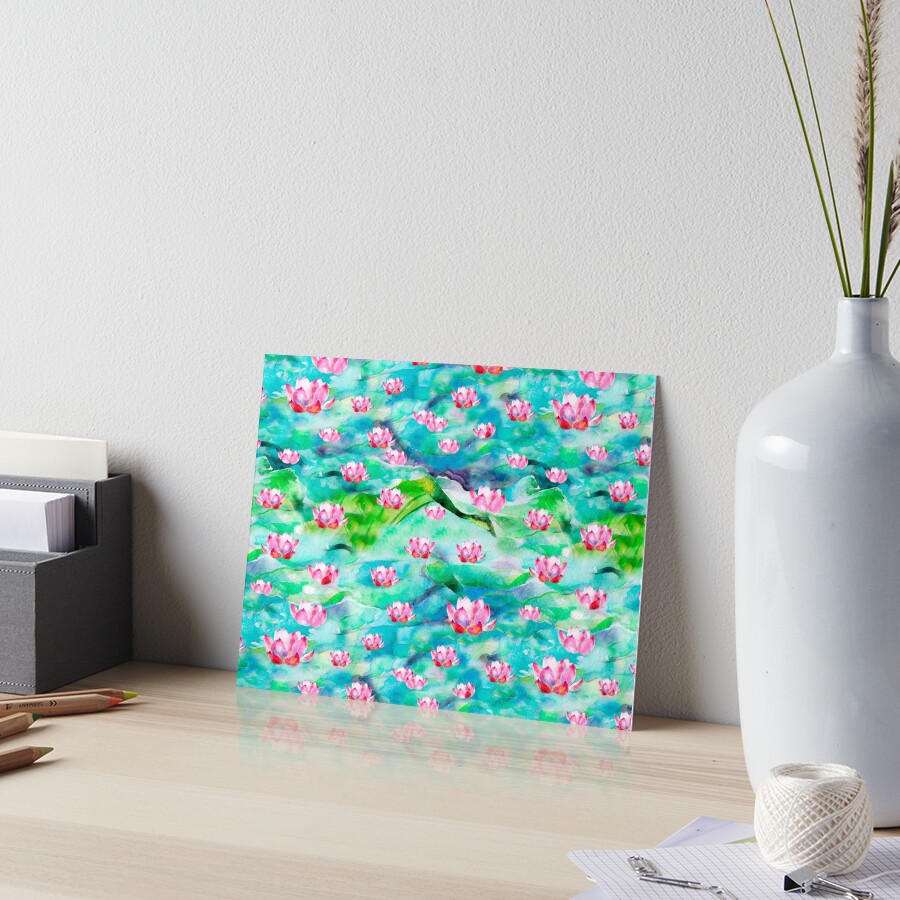 Lámina rígida «Acuarela transparente, loto rosa, lirio en agua verde ...