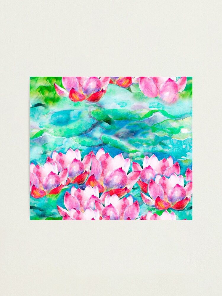 Lámina fotográfica «Acuarela transparente, loto rosa, lirio en agua ...