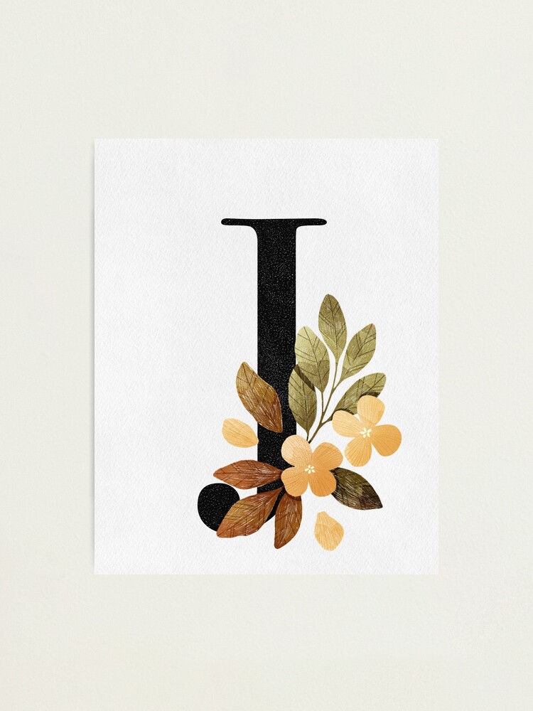 "Letter J with flowers and leaves, drawn with pencil and watercolor ...