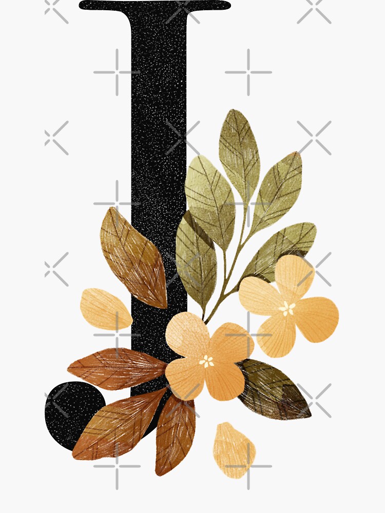 "Letter J with flowers and leaves, drawn with pencil and watercolor ...