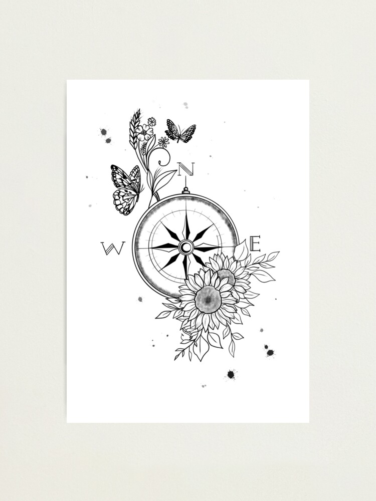 "Compass Butterfly Sunflowers Ink Art" Photographic Print for Sale by ...