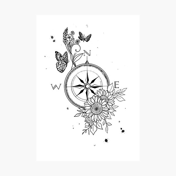 "Compass Butterfly Sunflowers Ink Art" Photographic Print for Sale by ...