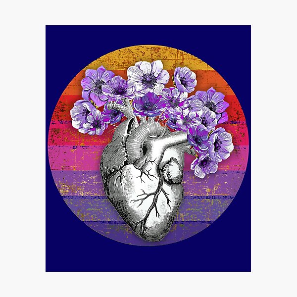 "Human heart and sunset vintage style, heart with crown flowers ...