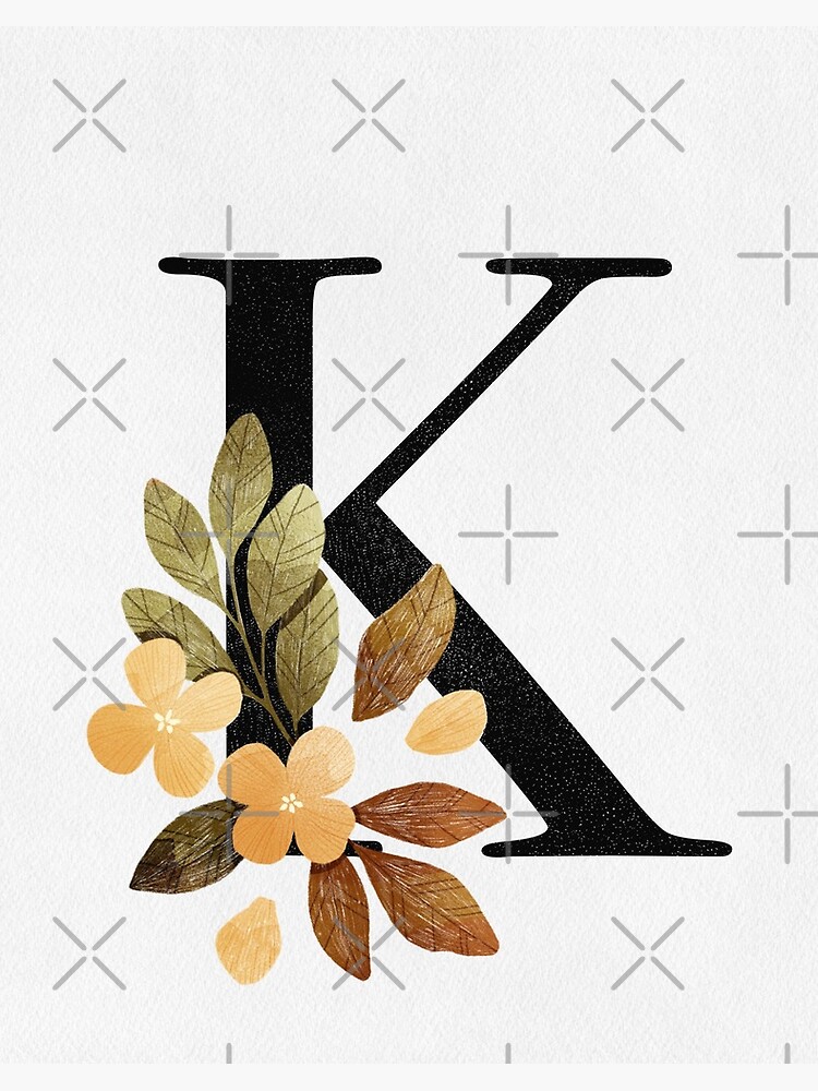 Lámina fotográfica «Letra K con flores y hojas, dibujada con lápiz y ...