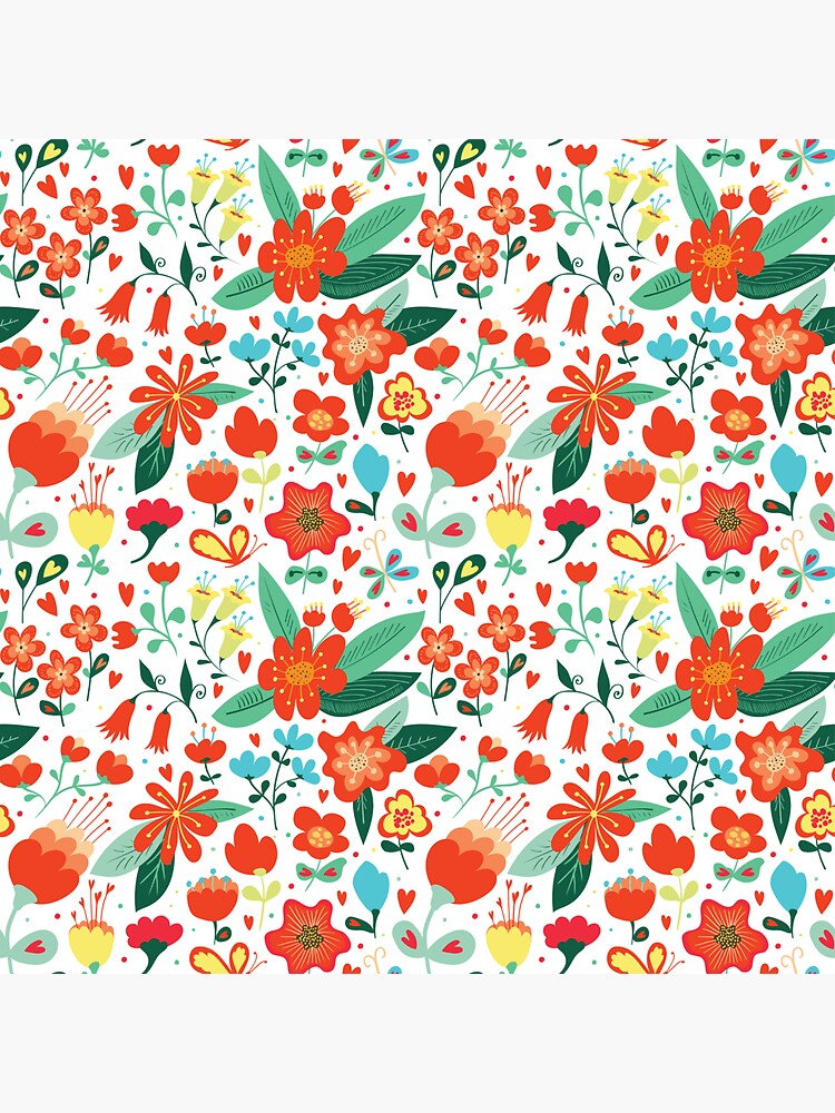 "Blumenmuster-Collage aus Blumen in Orange, Rot und Gelb mit grünen ...