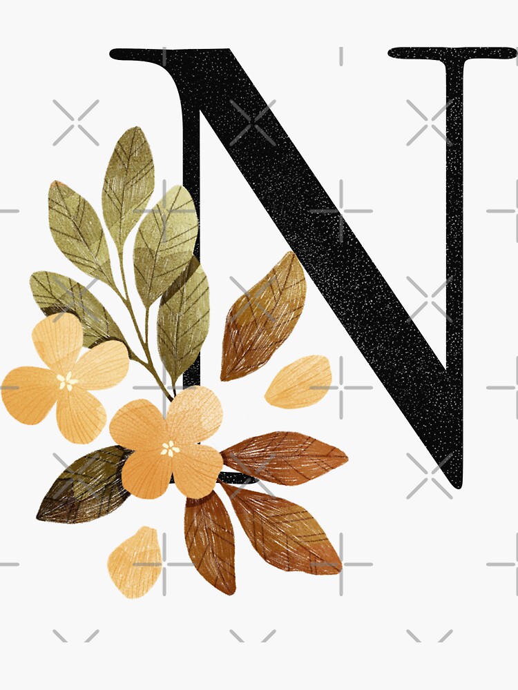 Pegatina «Letra N con flores y hojas, dibujada con lápiz y acuarela ...