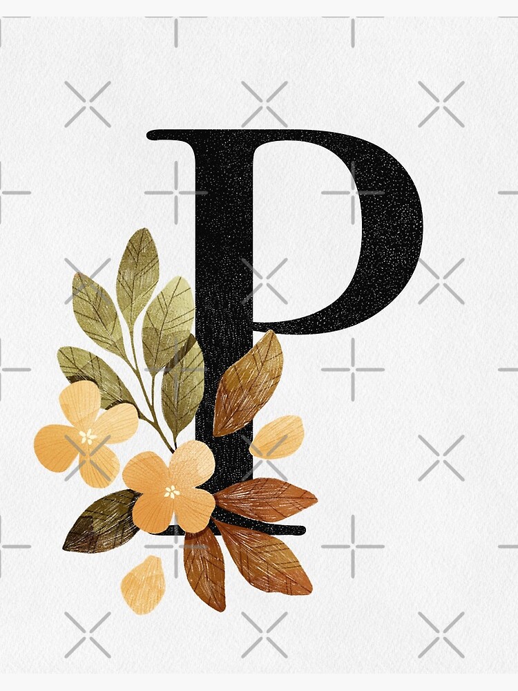 "Letter P with flowers and leaves, drawn with pencil and watercolor ...