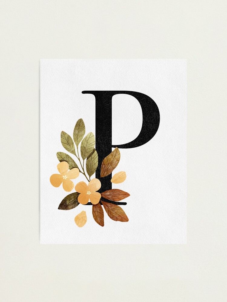 "Letter P with flowers and leaves, drawn with pencil and watercolor ...