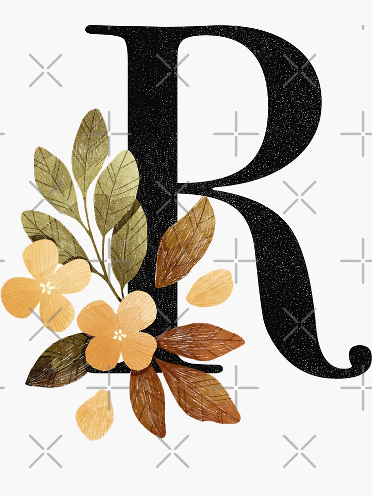 "Letter R with flowers and leaves, drawn with pencil and watercolor ...