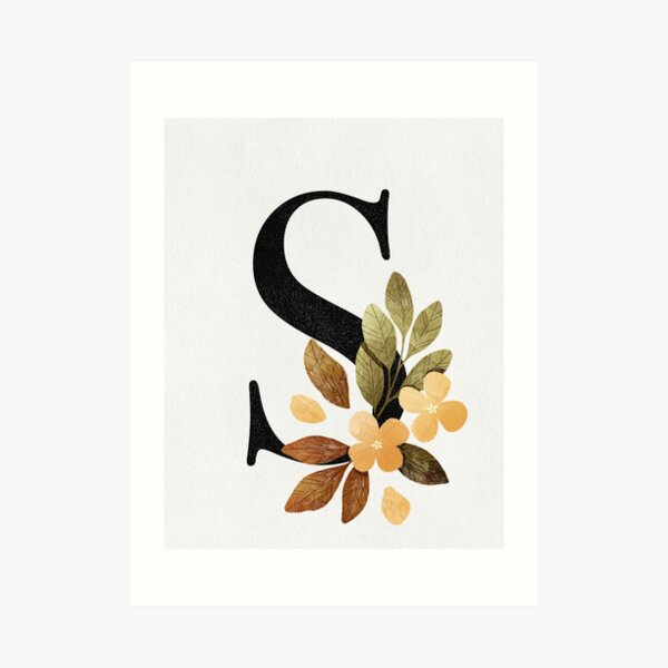 "Letter S with flowers and leaves, drawn with pencil and watercolor ...