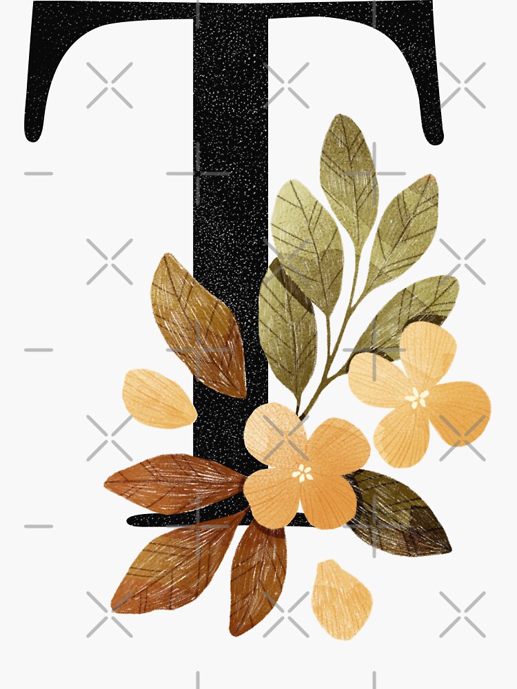 Pegatina «Letra T con flores y hojas, dibujada con lápiz y acuarela ...