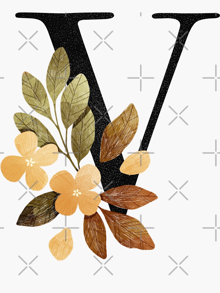 Pegatina «Letra V con flores y hojas, dibujada con lápiz y acuarela ...