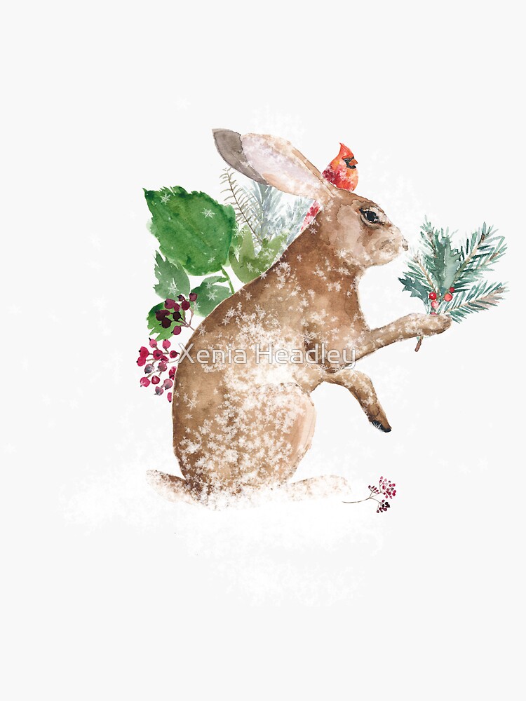 "Christmas Snowy Winter Bunny and Cardinal with Green Leaves and Pink ...