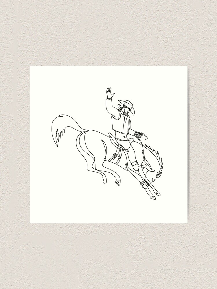 "Rodeo Cowboy Rising a Bucking Bronco Continuous Line Drawing " Art ...