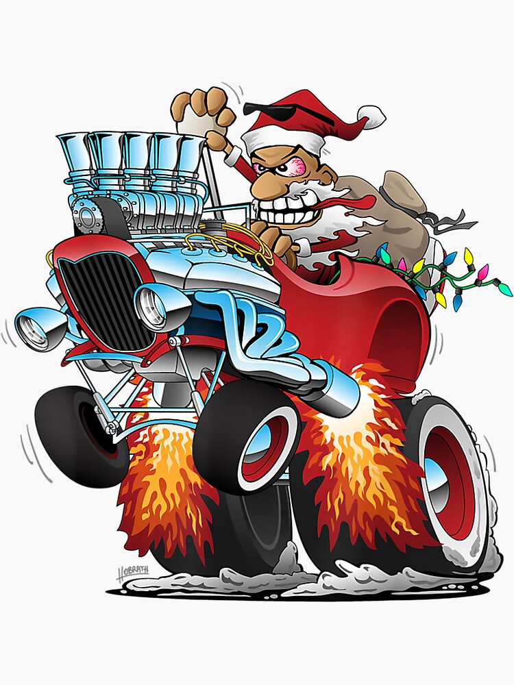 "Hot Rod Santa Claus Christmas Holiday Car Cartoon" Sticker for Sale by ...