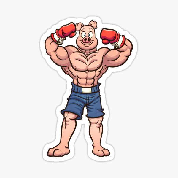 "A muscle pig smiles and postures his muscle" Sticker by Kellykwan ...