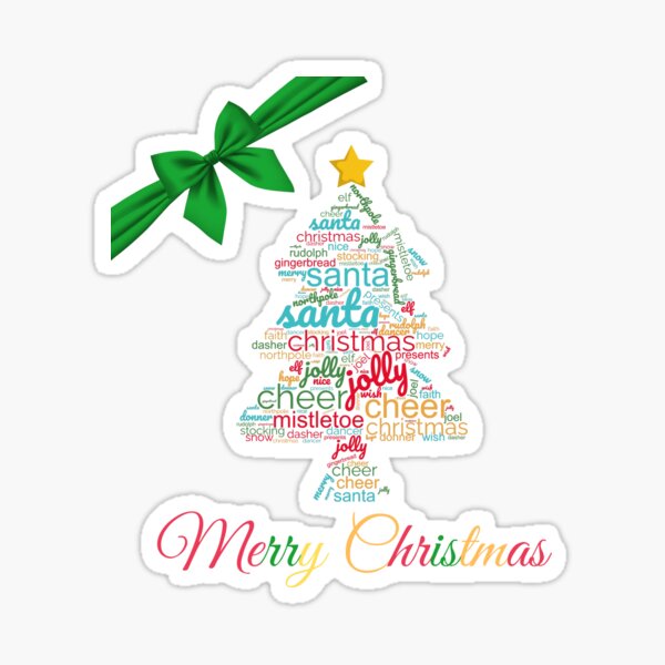 "Christmas tree Word Cloud with ribbon" Sticker for Sale by Vyapari ...